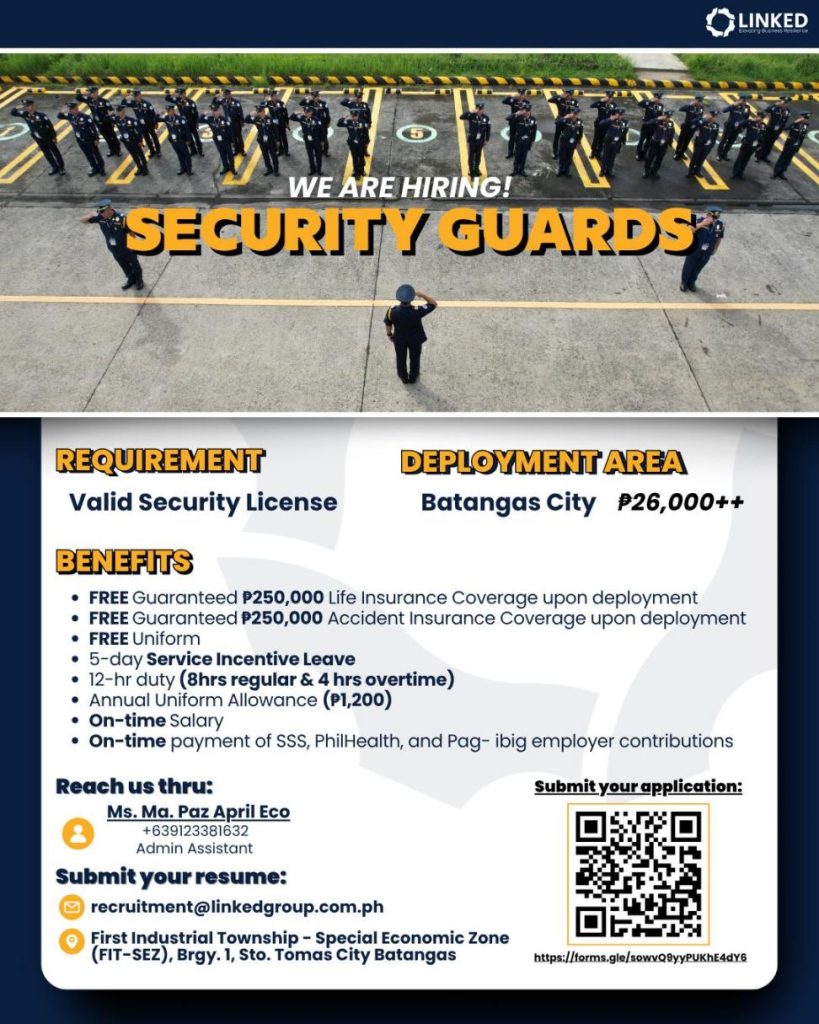 LINKED Group is Hiring Security Guards for Batangas Area